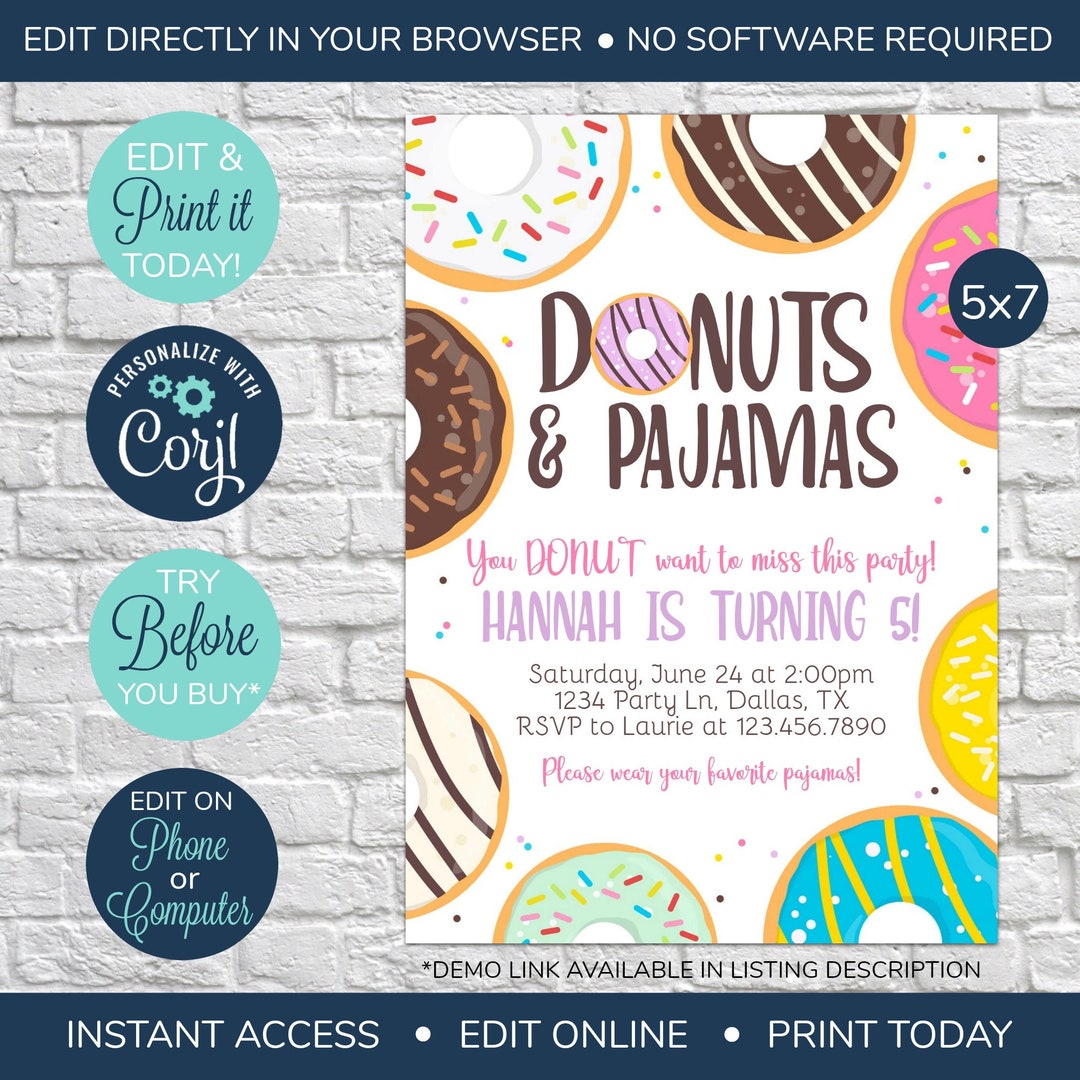 EDITABLE Donuts and Pajamas Birthday Party Invitation, Donut Party ...
