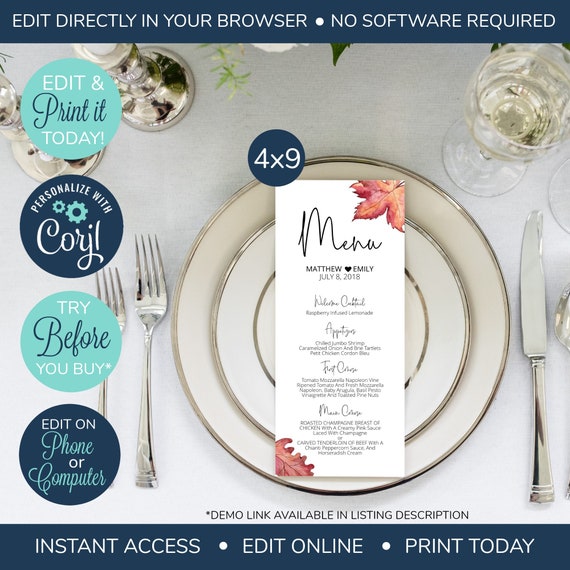 EDITABLE Fall Menu Card Template Fall Leaves Menu Card Menu | Etsy
