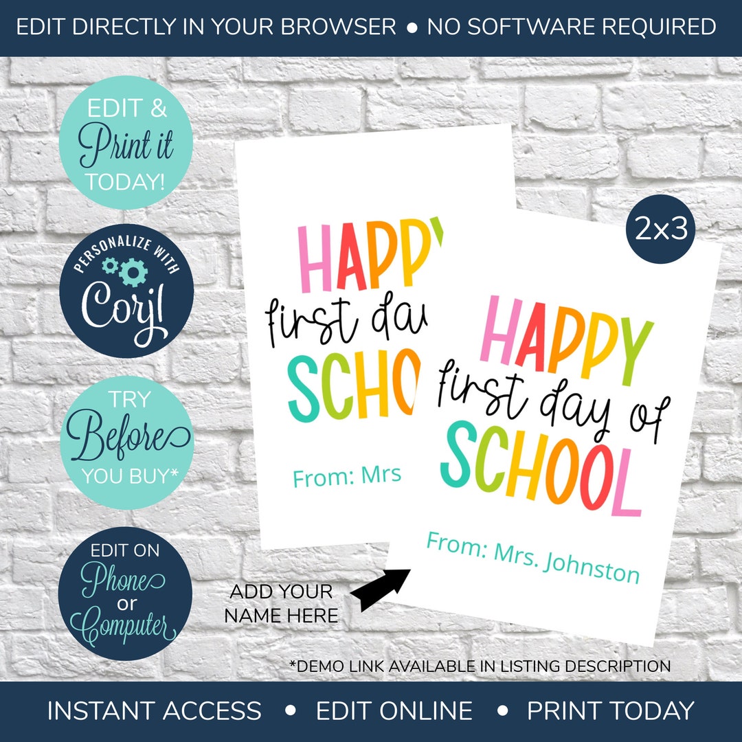 EDITABLE First Day of School, Teacher Gift Tag, Bright School Year Tag ...