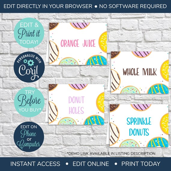 EDITABLE Donut Party Food Tents Donut Birthday Food Labels - Etsy