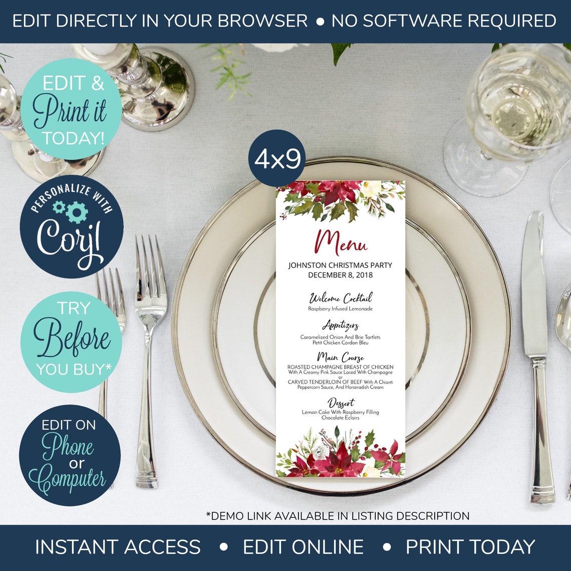 EDITABLE Christmas Menu Card Template, Holiday Menu Card, Menu Template ...