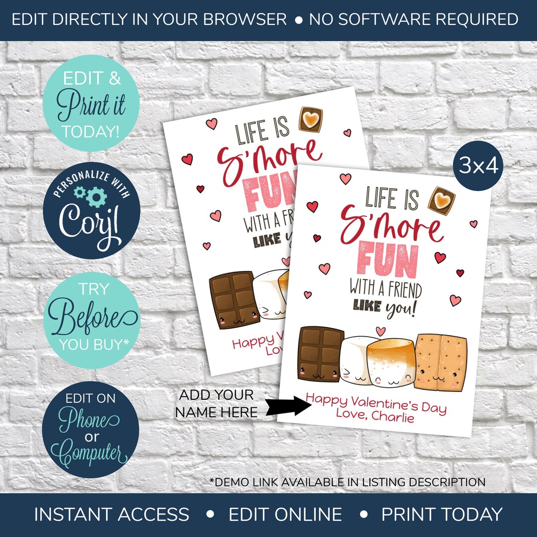 EDITABLE Classroom Valentine's Day Cards, S'more Valentine's Day Tag ...