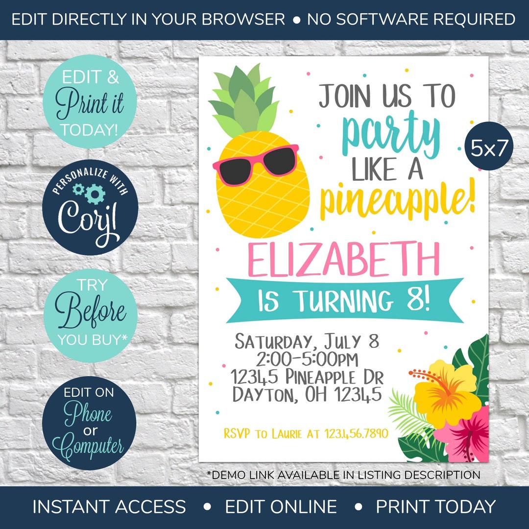 EDITABLE Pineapple Birthday Invitation, Party Like a Pineapple ...