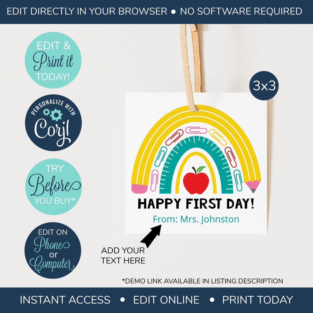 EDITABLE First Day of School, Teacher Gift Tag, Bright School Year Tag ...