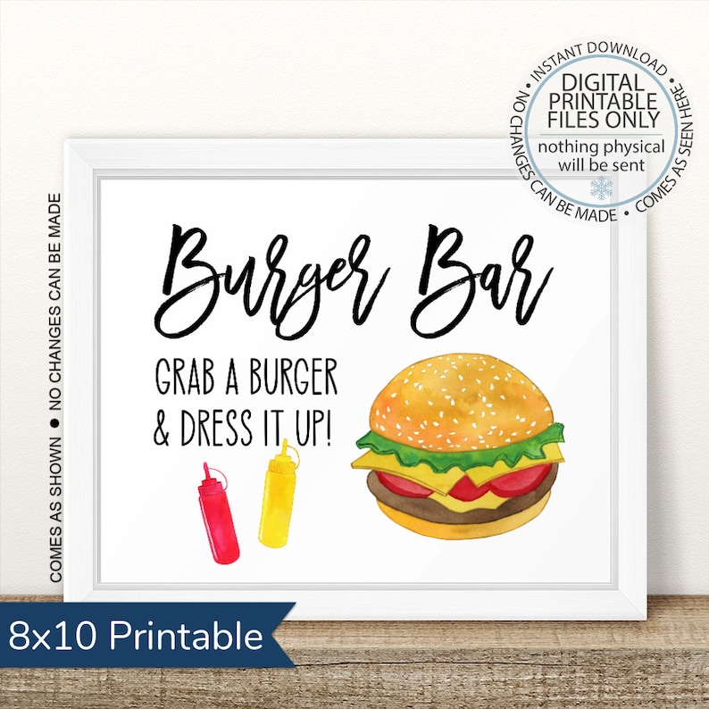 Printable Burger Bar Sign, Printable Burger Table Sign, Hamburgers Sign ...