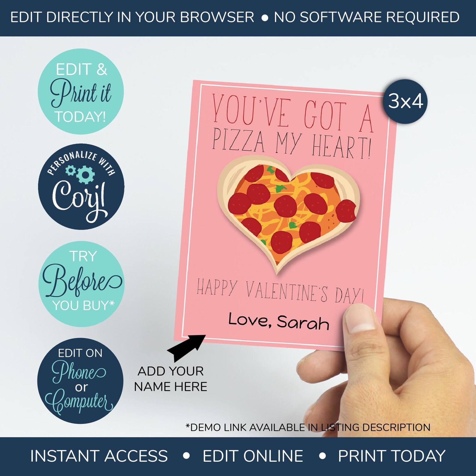 EDITABLE Classroom Valentine's Day Cards, Pizza My Heart, Pizza ...
