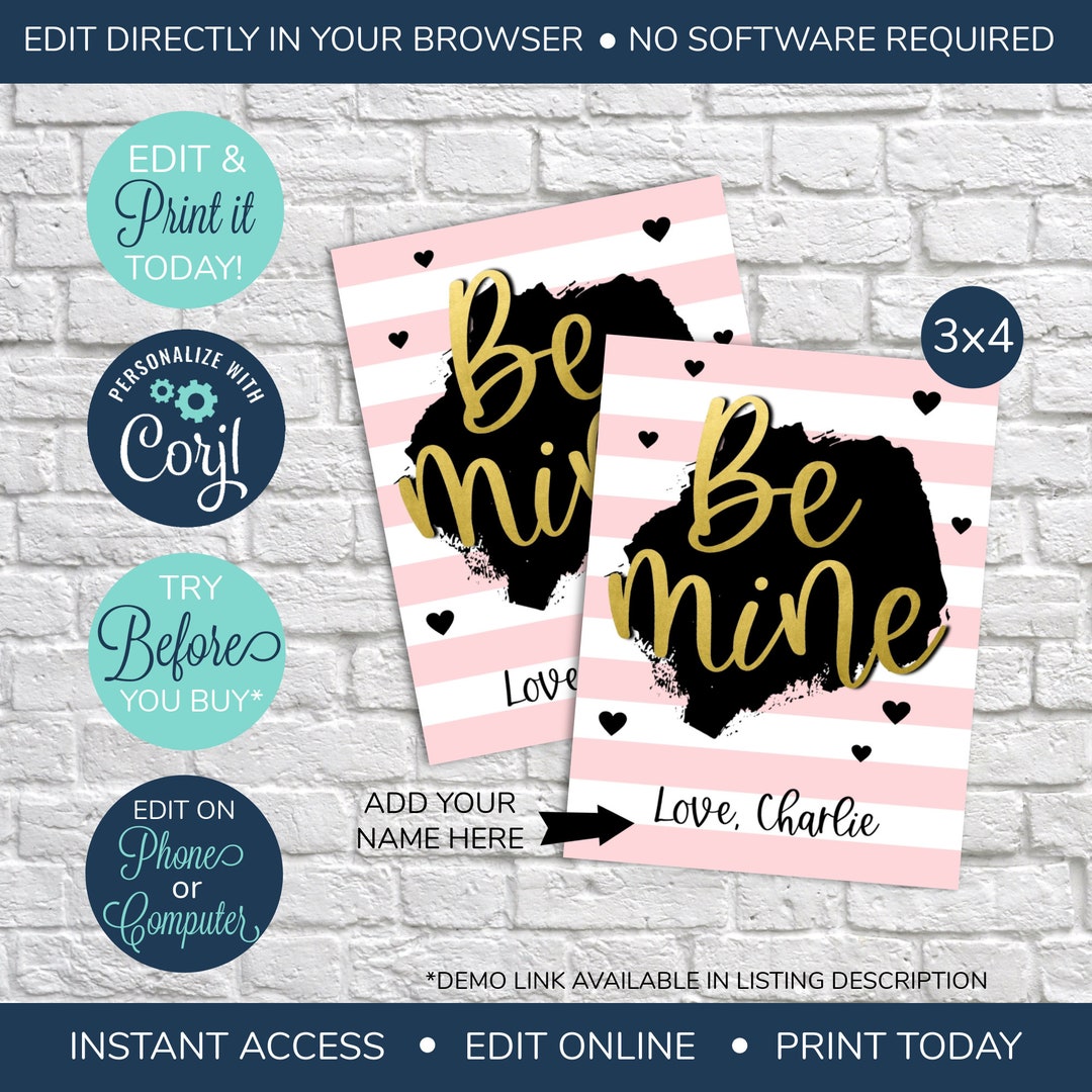 EDITABLE Classroom Valentine's Day Cards, Be Mine, Gold Valentine Card ...