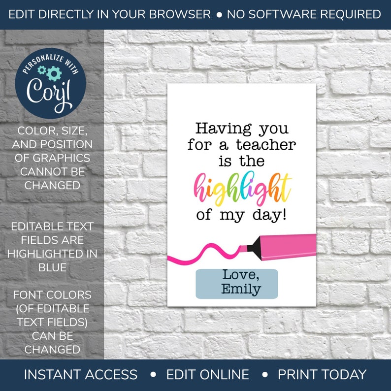 EDITABLE Teacher Appreciation Gift Tag Highlight of My Day - Etsy