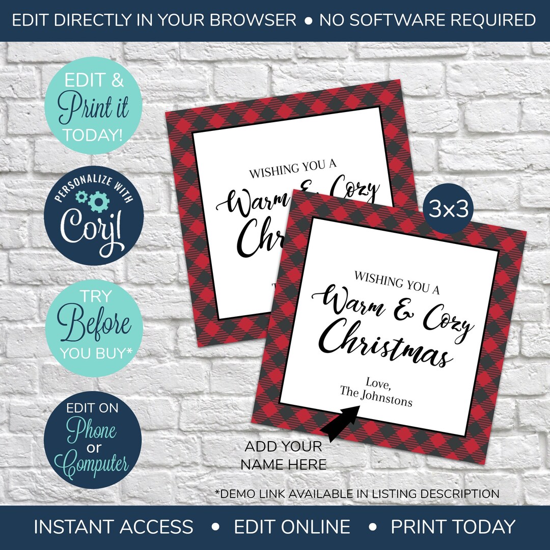 EDITABLE Buffalo Plaid Christmas Gift Tags, Christmas Favor Tags, Warm ...
