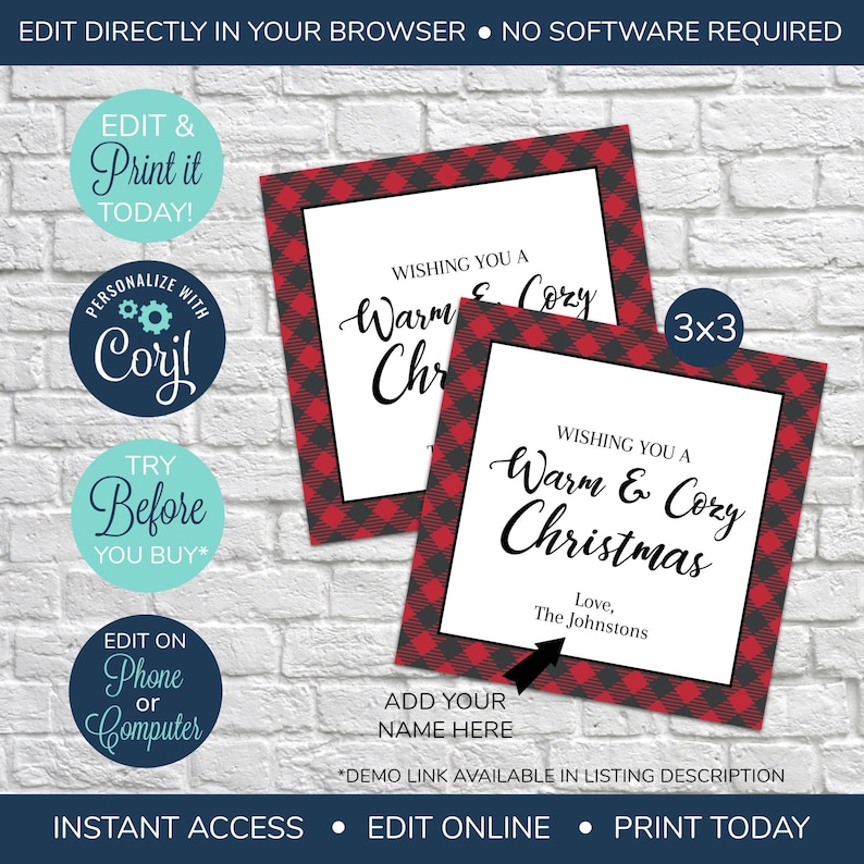 EDITABLE Buffalo Plaid Christmas Gift Tags, Christmas Favor Tags, Warm ...