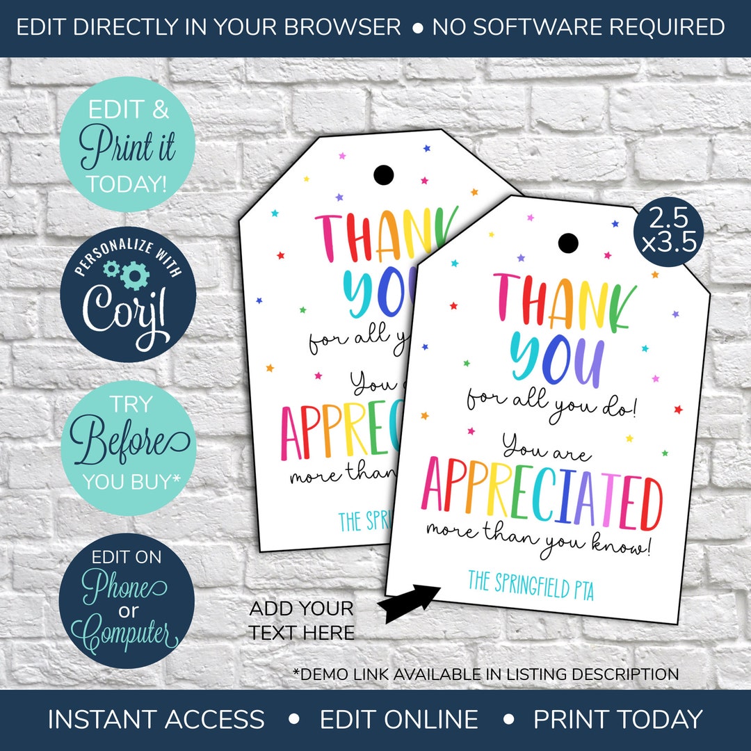 EDITABLE Appreciation Gift Tag, Teacher Staff Employee School ...