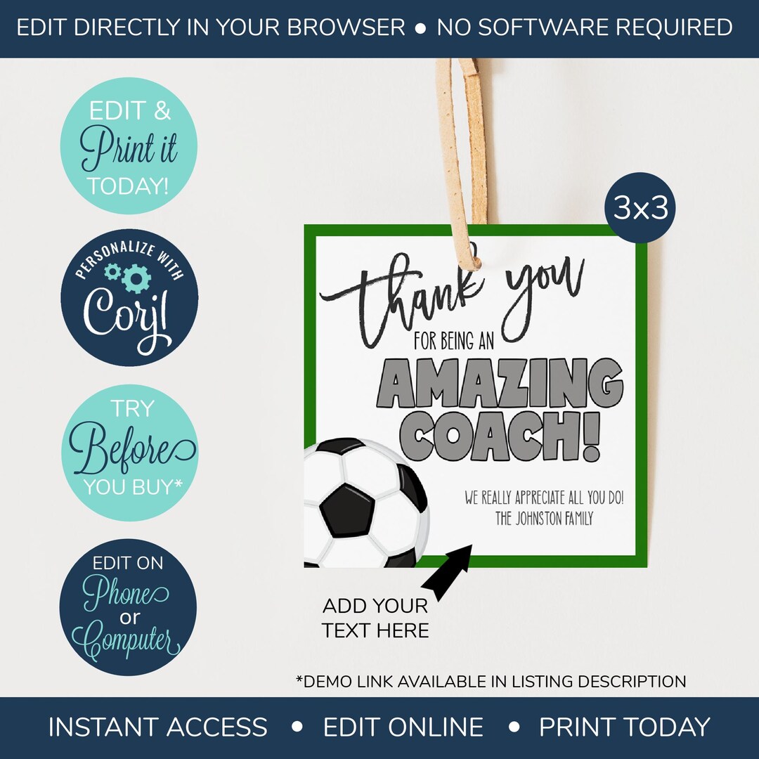 EDITABLE Soccer Coach Appreciation Gift Tag, Coach Gift Tag, Soccer ...