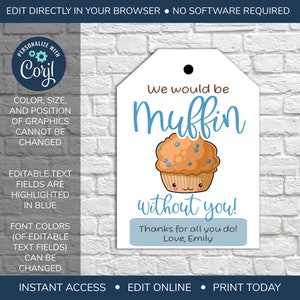 EDITABLE Muffin Appreciation Gift Tag, We Would Be Muffin Without You ...
