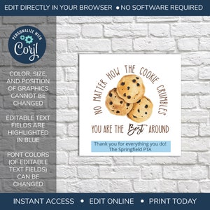 EDITABLE Cookie Appreciation Gift Tag, Teacher Staff Employee School ...