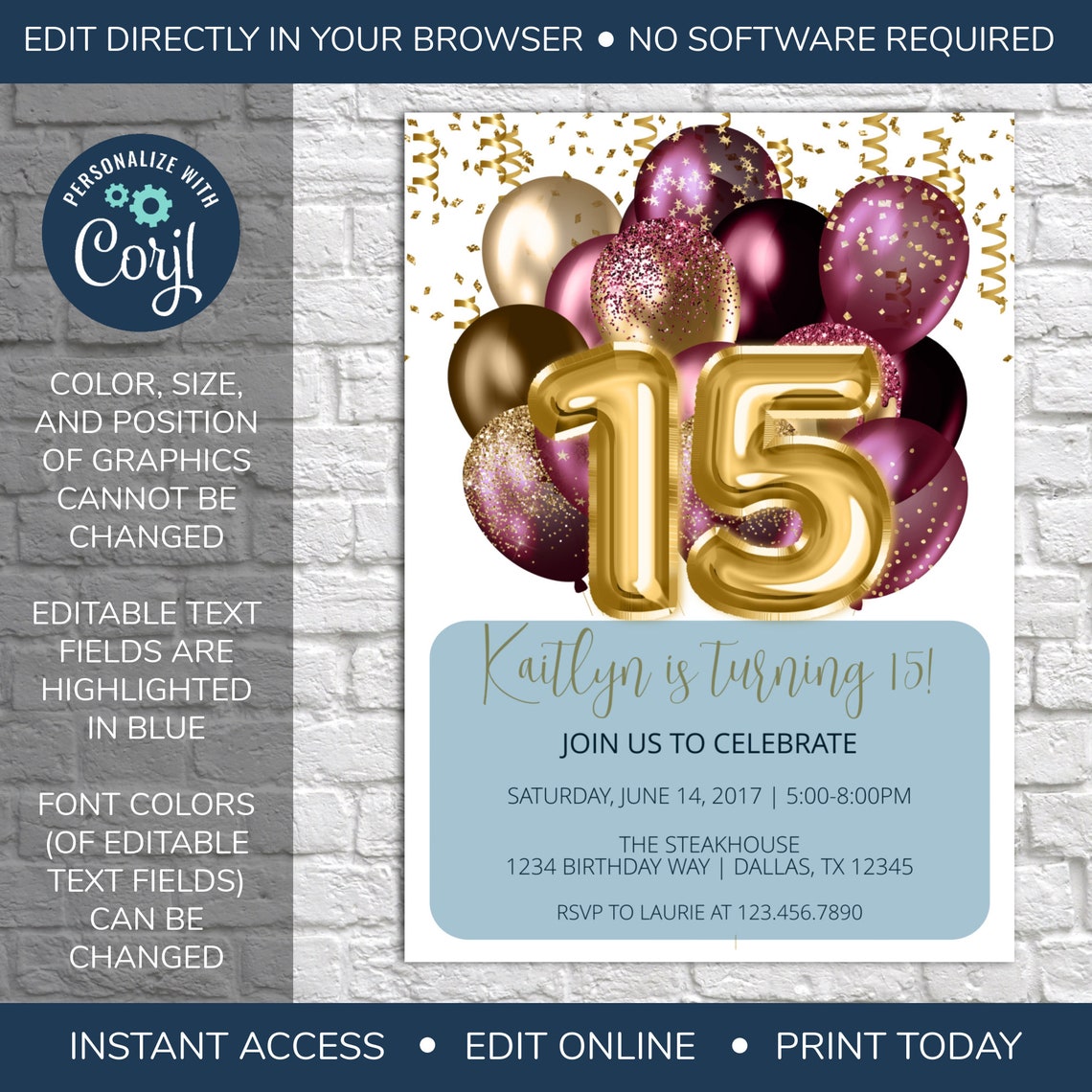 EDITABLE 15th Birthday Invitation Burgundy and Gold 15th - Etsy