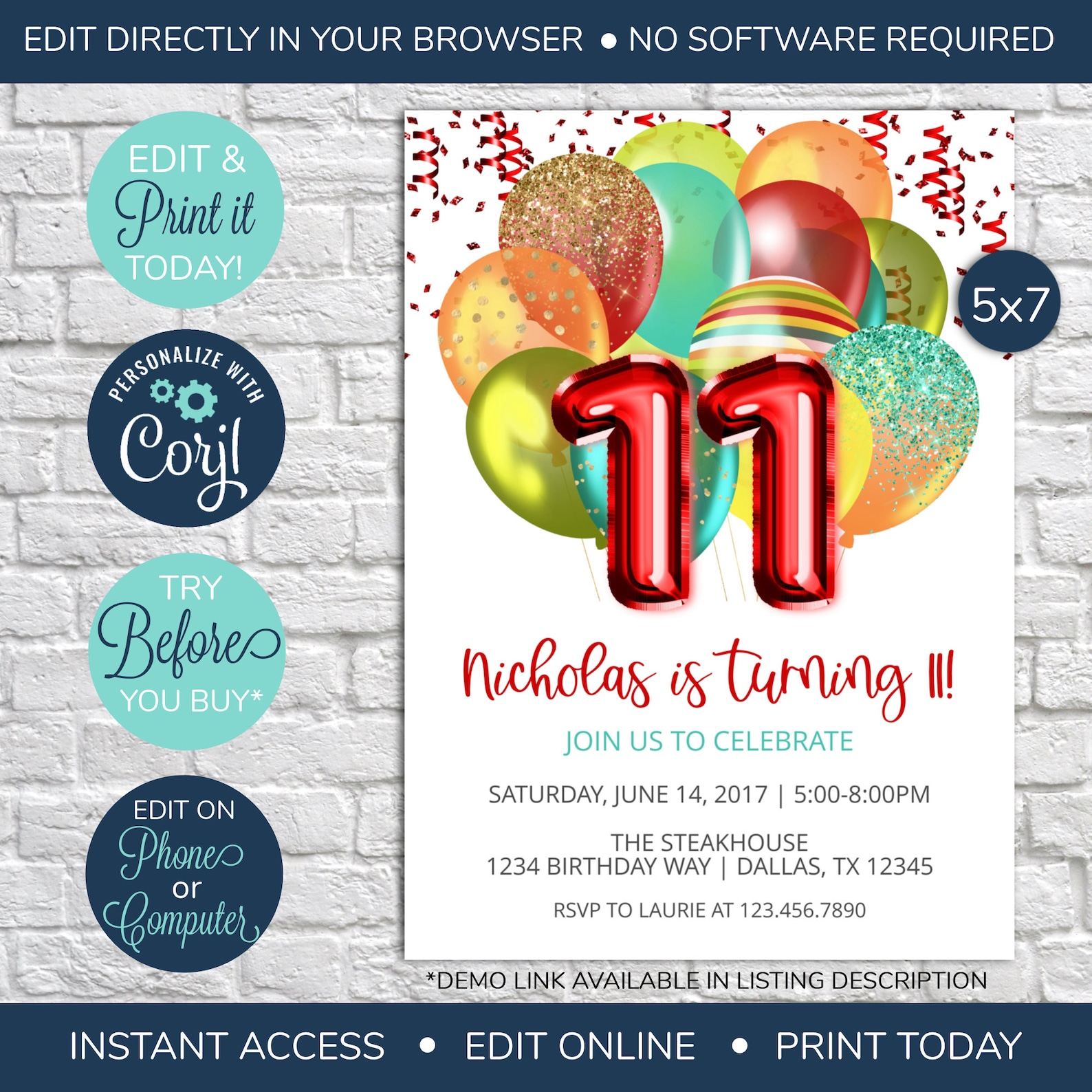 EDITABLE 11th Birthday Invitation, Balloon Birthday Party Invitation ...