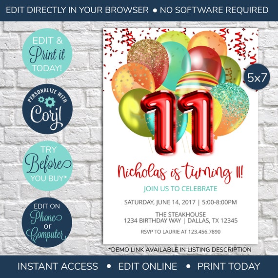 EDITABLE 11th Birthday Invitation Balloon Birthday Party - Etsy