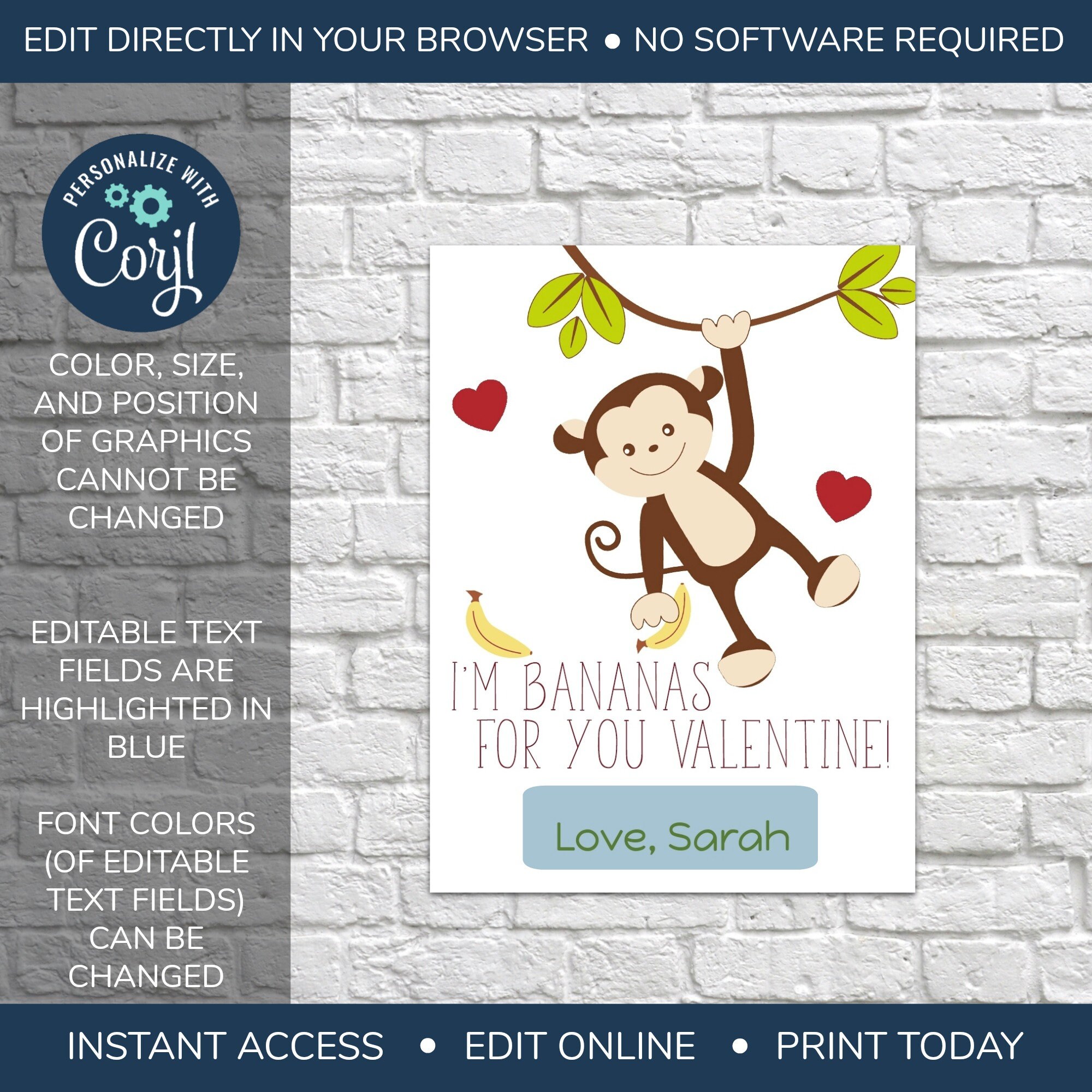 EDITABLE Classroom Valentine's Day Cards I'm Bananas - Etsy