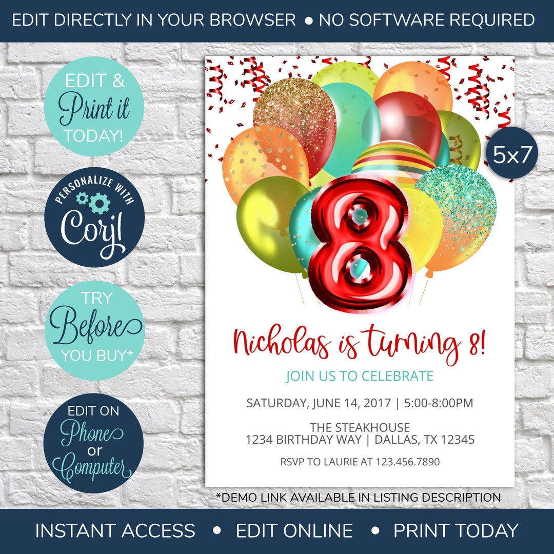 EDITABLE 8th Birthday Invitation, Balloon Birthday Party Invitation ...