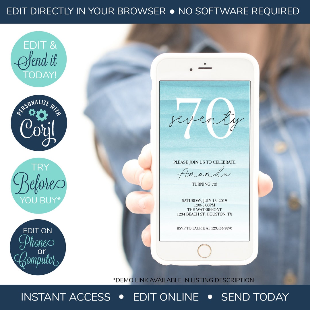 EDITABLE Electronic 70th Birthday Invitation, Adult Birthday Party ...