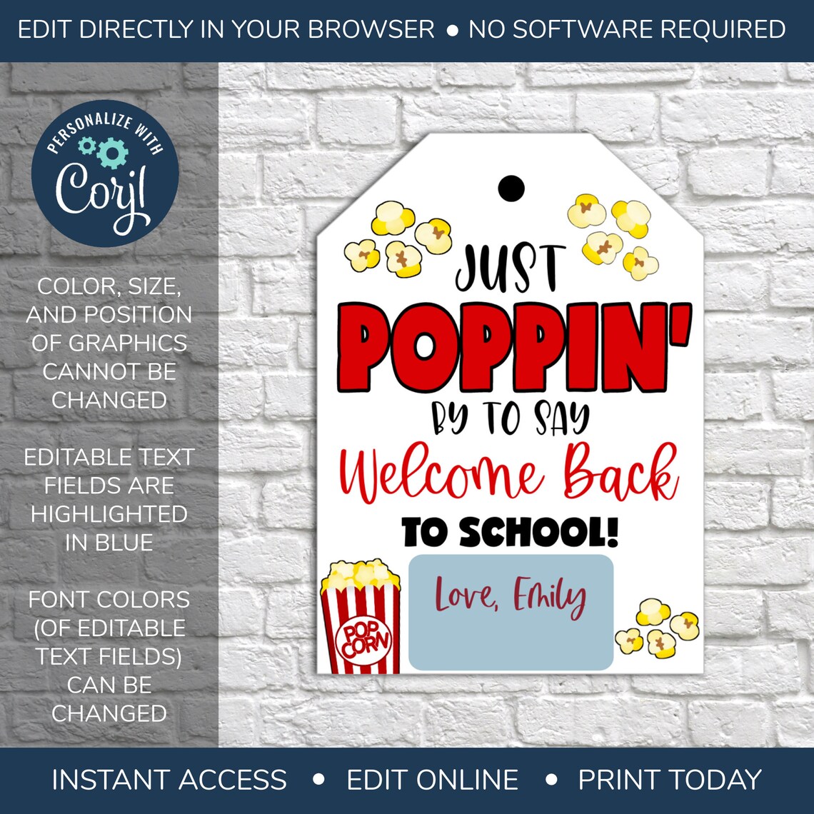 EDITABLE Popcorn Welcome Back Gift Tag, Back to School Teacher Staff ...