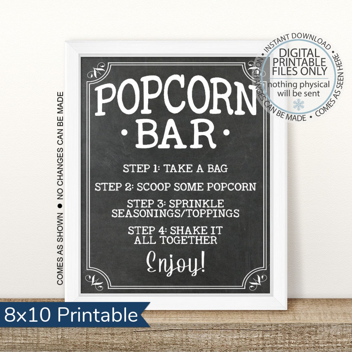 Printable Popcorn Bar Sign, Printable Popcorn Table Sign, Popcorn Sign ...