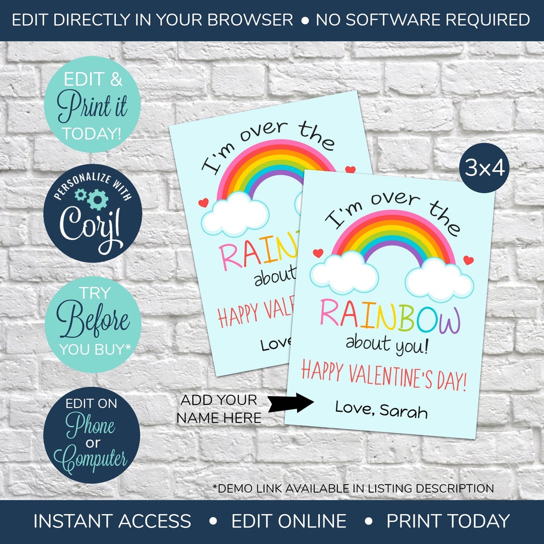 EDITABLE Classroom Valentine's Day Cards, Over the Rainbow, Rainbow ...