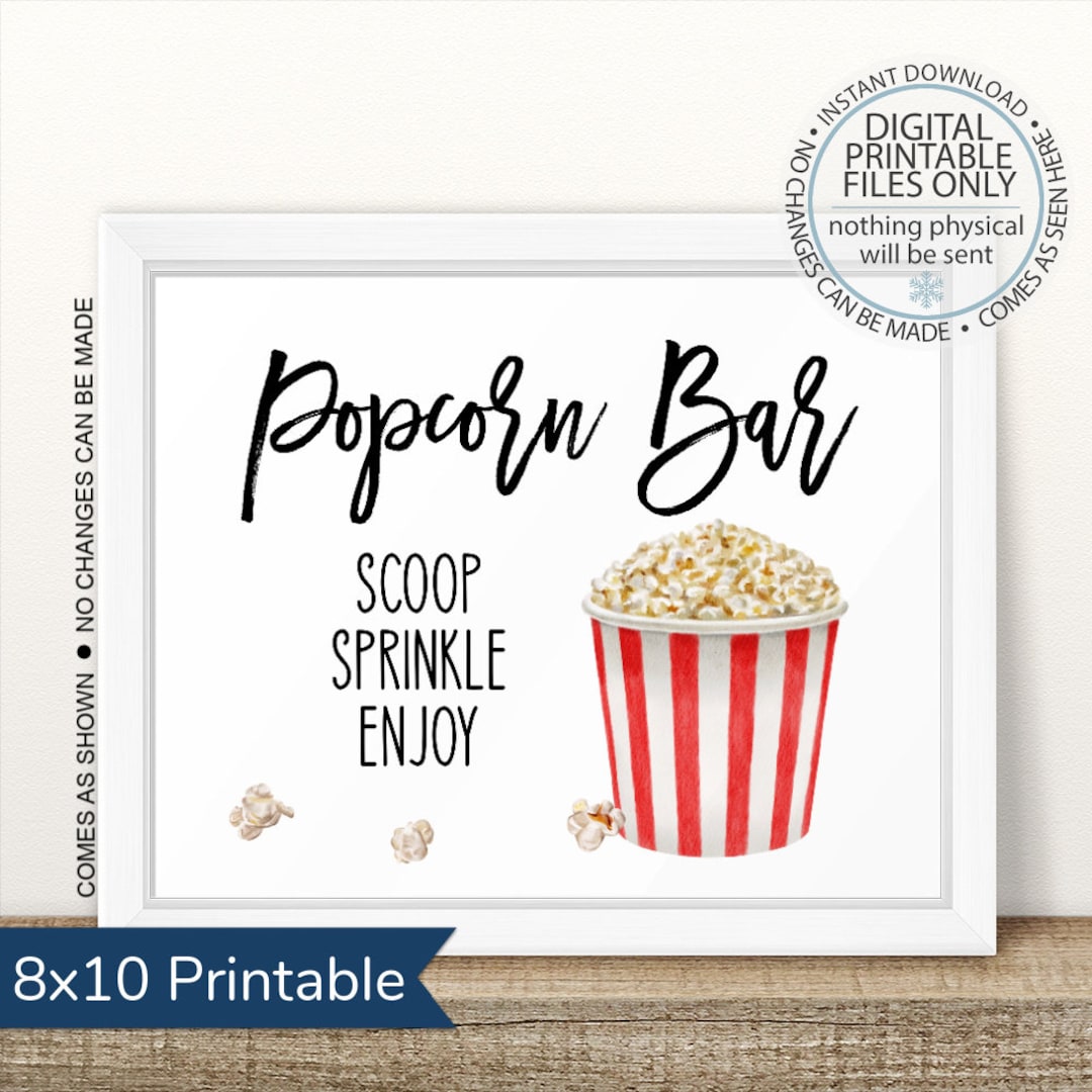 Printable Popcorn Bar Sign, Printable Popcorn Table Sign, Popcorn Sign ...