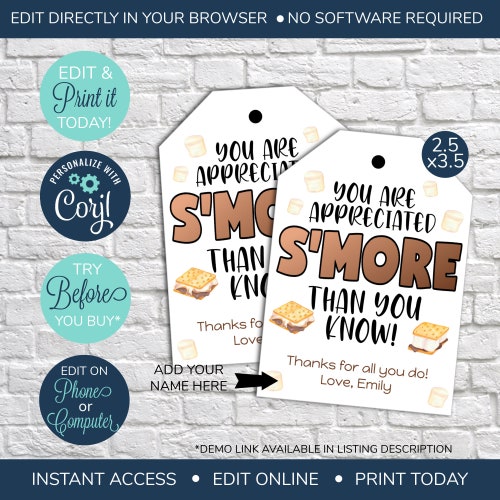 Editable S'more Appreciation Gift Tag Teacher Staff - Etsy