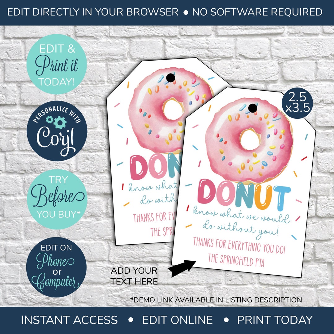 EDITABLE Donut Thank You Tags, Teacher Gift Tags, Appreciate You a Hole ...