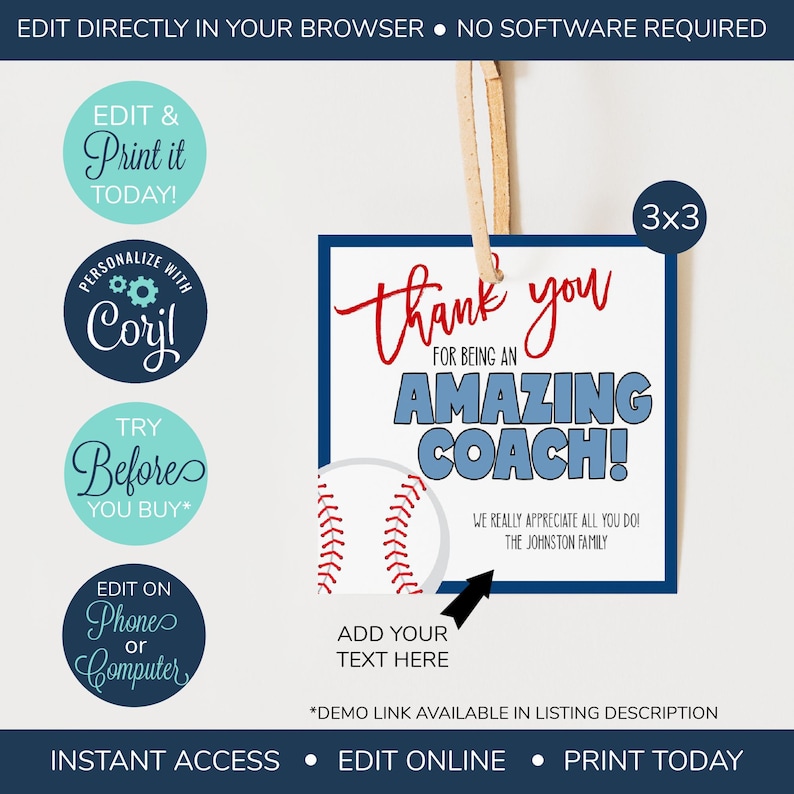 EDITABLE Baseball Coach Appreciation Gift Tag, Coach Gift Tag, Baseball ...