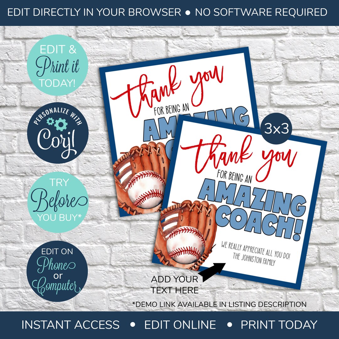 EDITABLE Baseball Coach Appreciation Gift Tag, Coach Gift Tag, Baseball ...