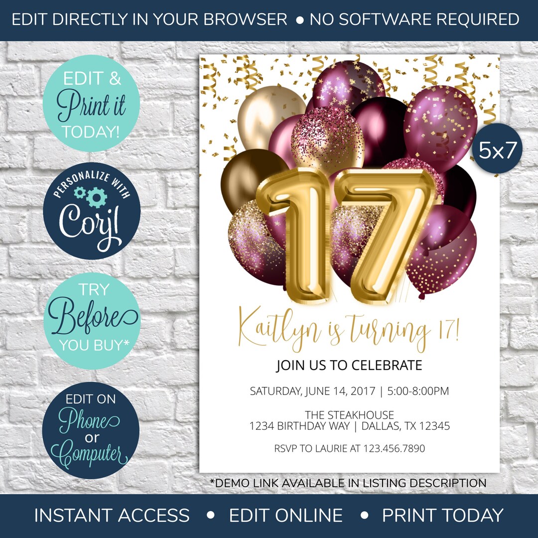 EDITABLE 17th Birthday Invitation, Burgundy and Gold 17th Invitation ...