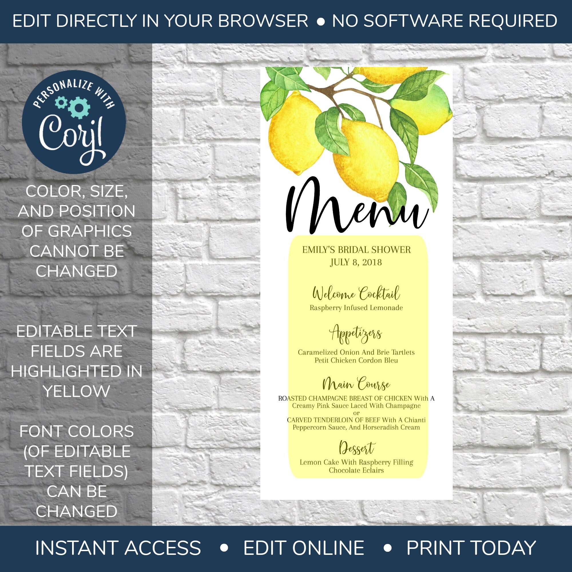 EDITABLE Lemon Menu Card Template, Shower Menu Card, Menu Template ...