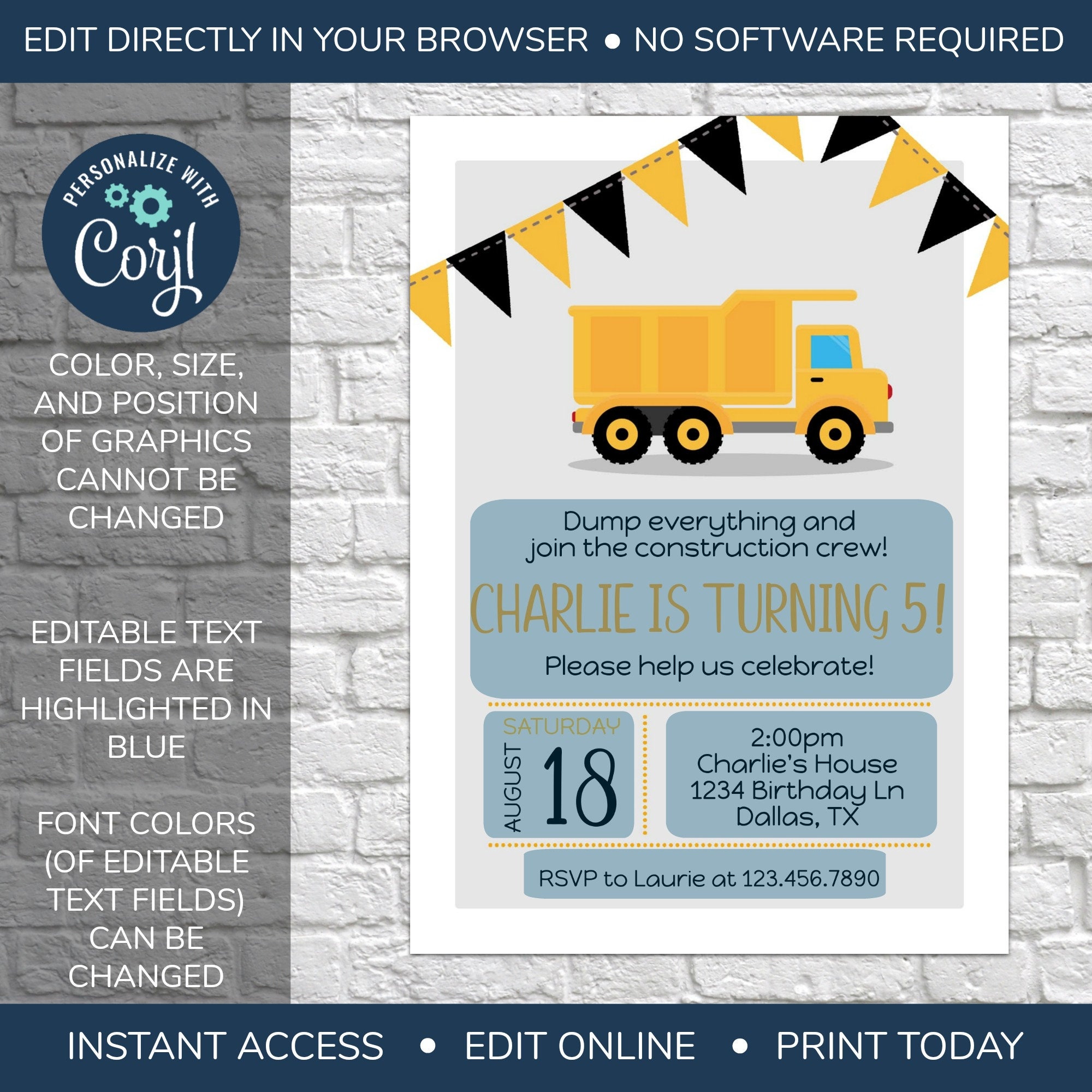 EDITABLE Dump Truck Invitation, Construction Party Invitation ...