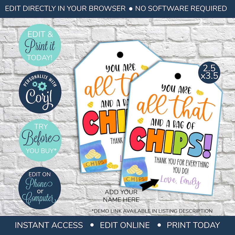 EDITABLE All That and a Bag of Chips Appreciation Gift Tag, Teacher ...
