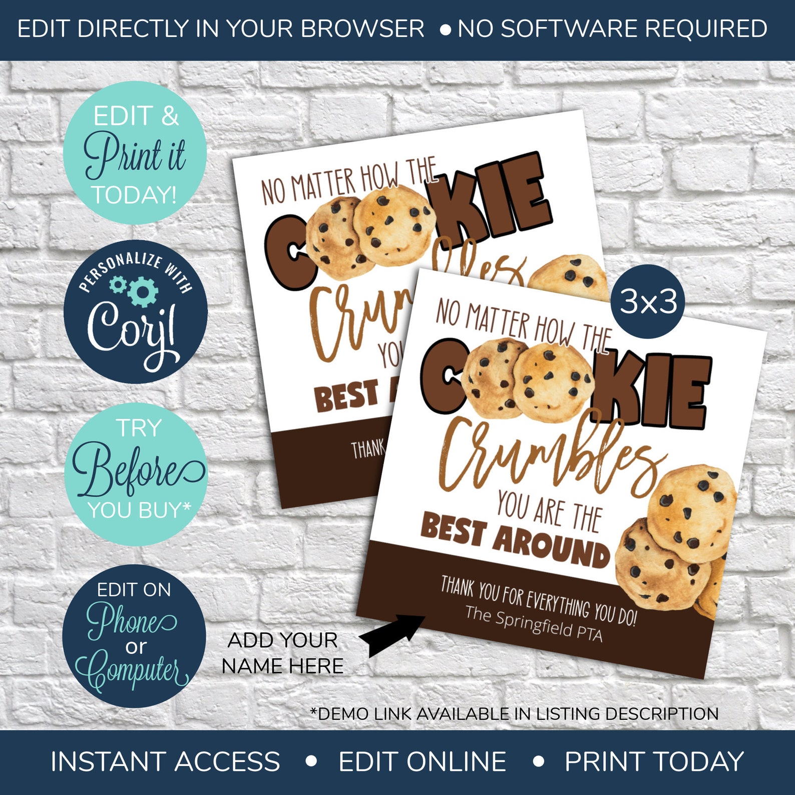 EDITABLE Cookie Appreciation Gift Tag Teacher Staff Employee - Etsy