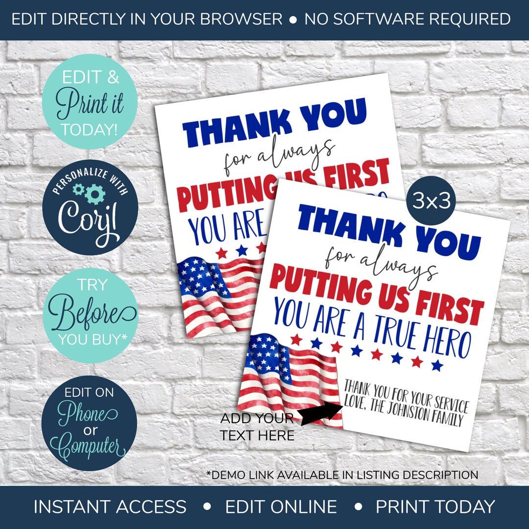 EDITABLE Military Thank You Gift Tag, Thank You for Your Service ...