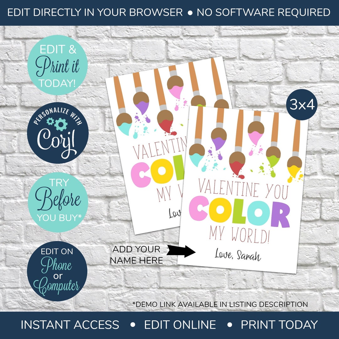 EDITABLE Classroom Valentine's Day Cards, Valentine You Color My World ...