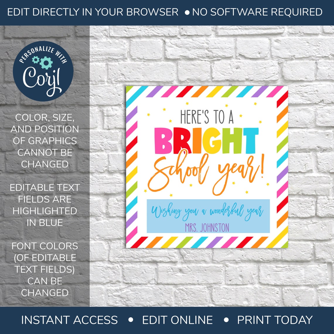 EDITABLE Back to School Teacher Gift Tag Bright School Year - Etsy