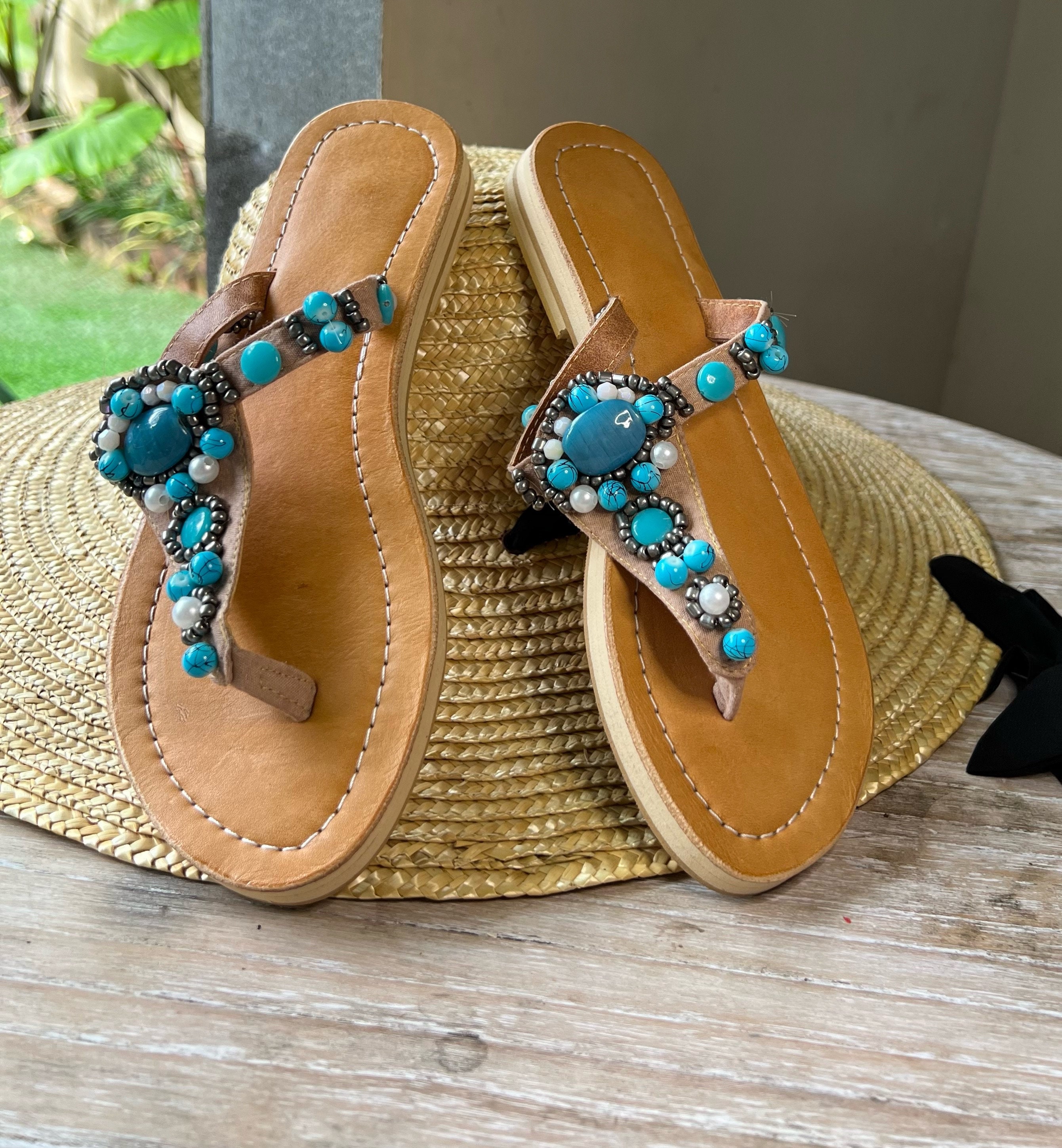 BOHO SANDALS Flat Slip on Turquoise Blue Decoration T-strap Open Toes ...
