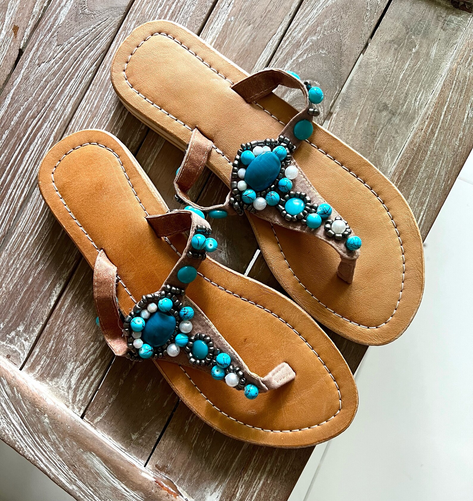 BOHO SANDALS Flat Slip on Turquoise Blue Decoration T-strap - Etsy