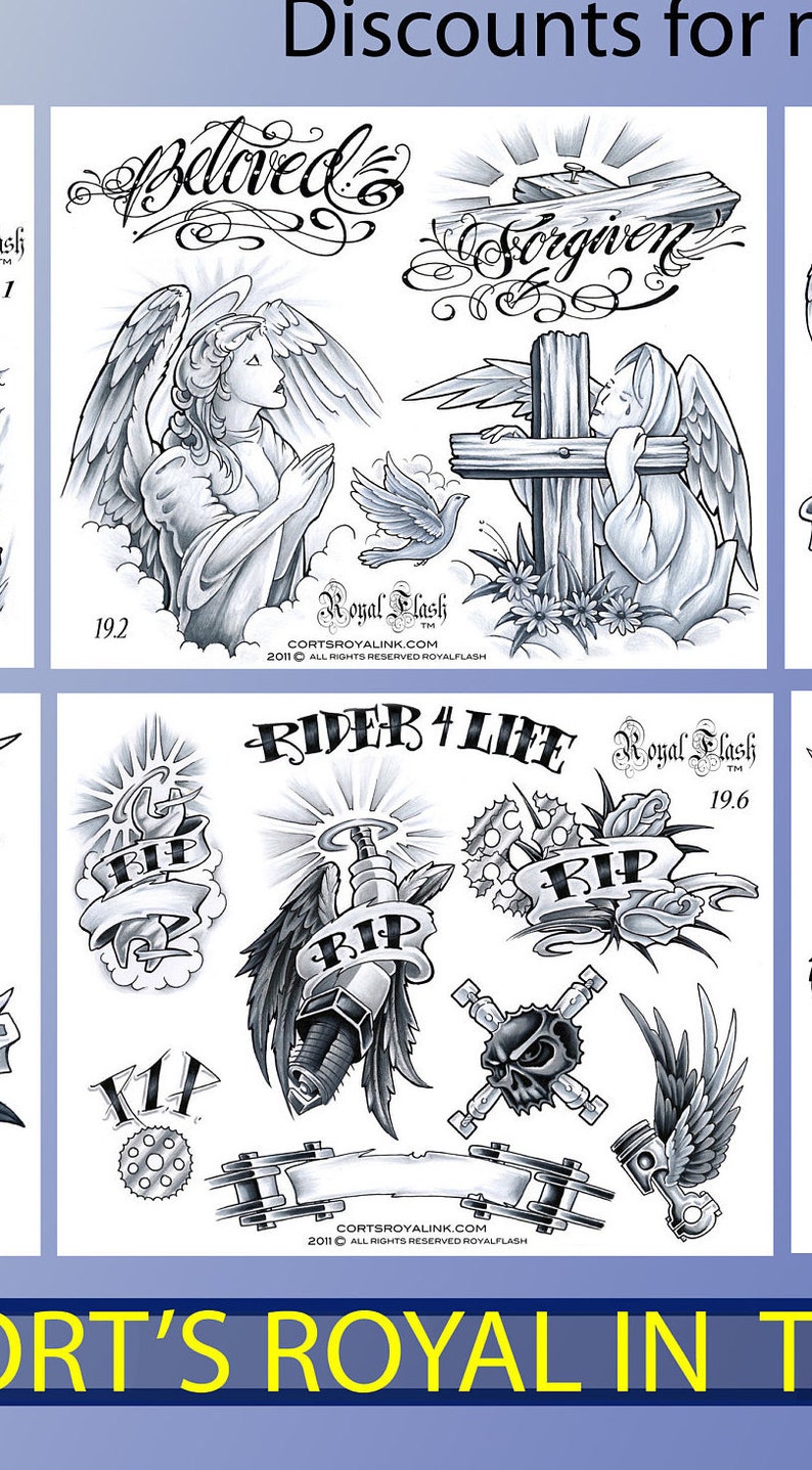 Tattoo Flash SET 19 8 Pages Religious Flash,crosse,in Memory,banners W/outlines - Etsy