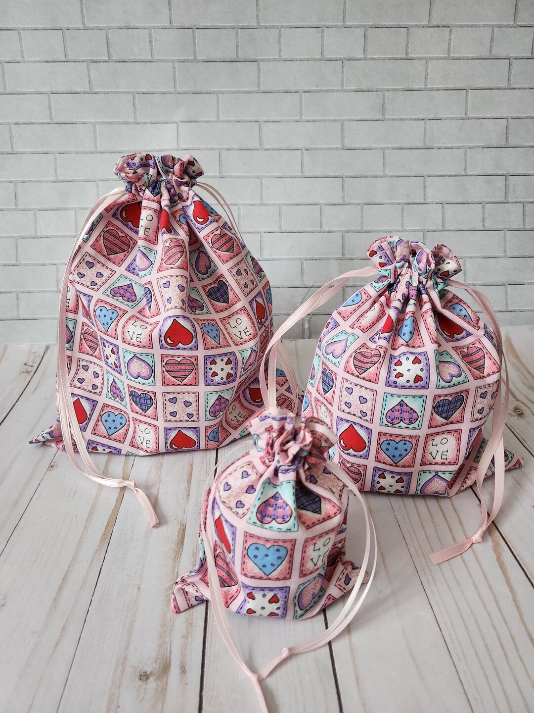 Valentines Day Hearts Fabric Gift Bag, Reusable Drawstring Bag, Gift ...