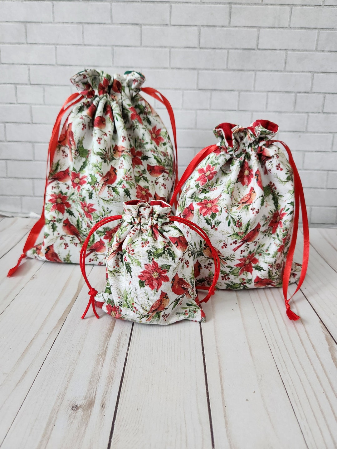 Cardinal Holiday Fabric Gift Bag, Reusable Drawstring Bag, Gift Giving ...