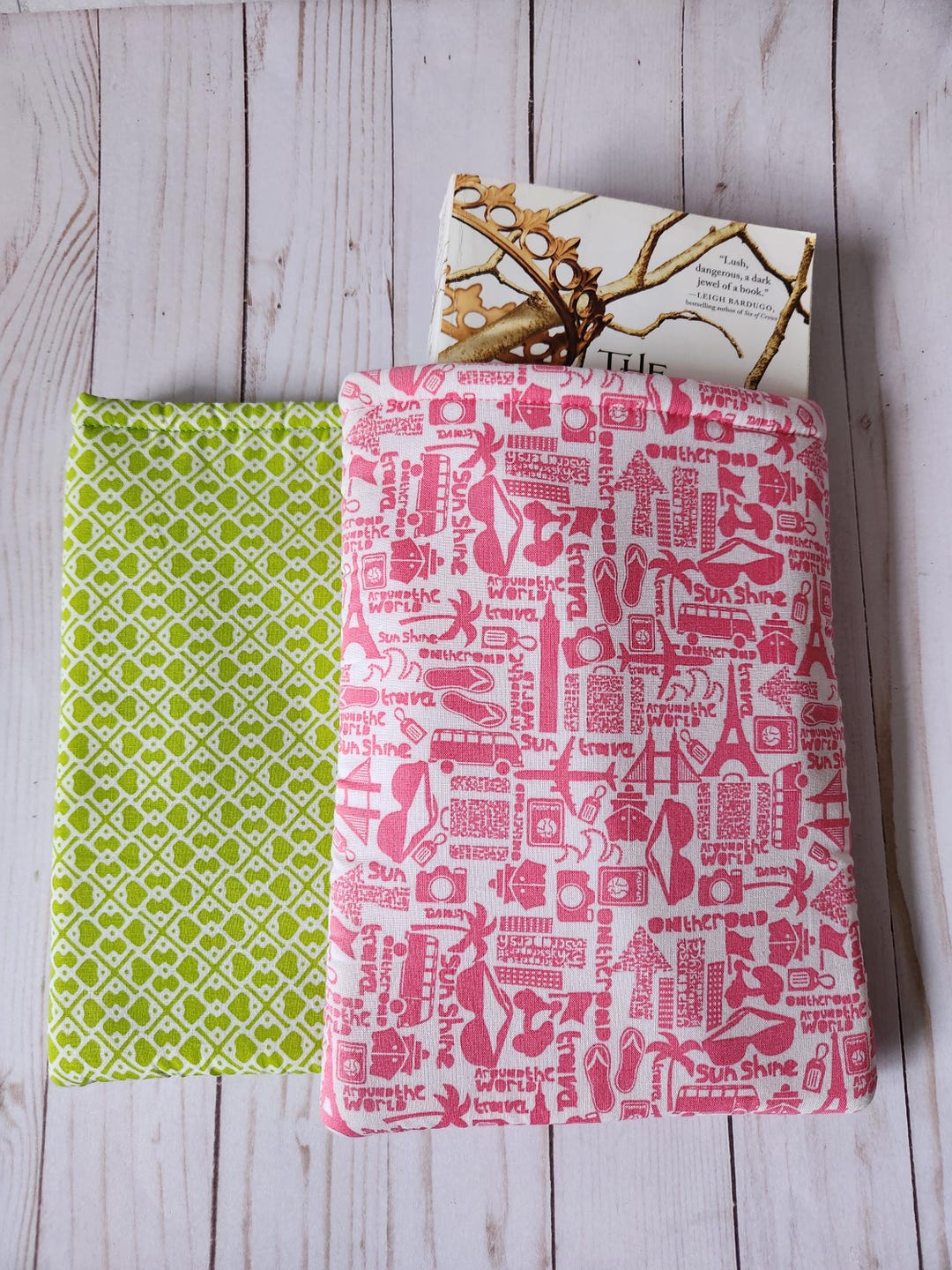 Green Pink Fabric Padded Booksleeve, Tablet Sleeve, Paperback Book ...