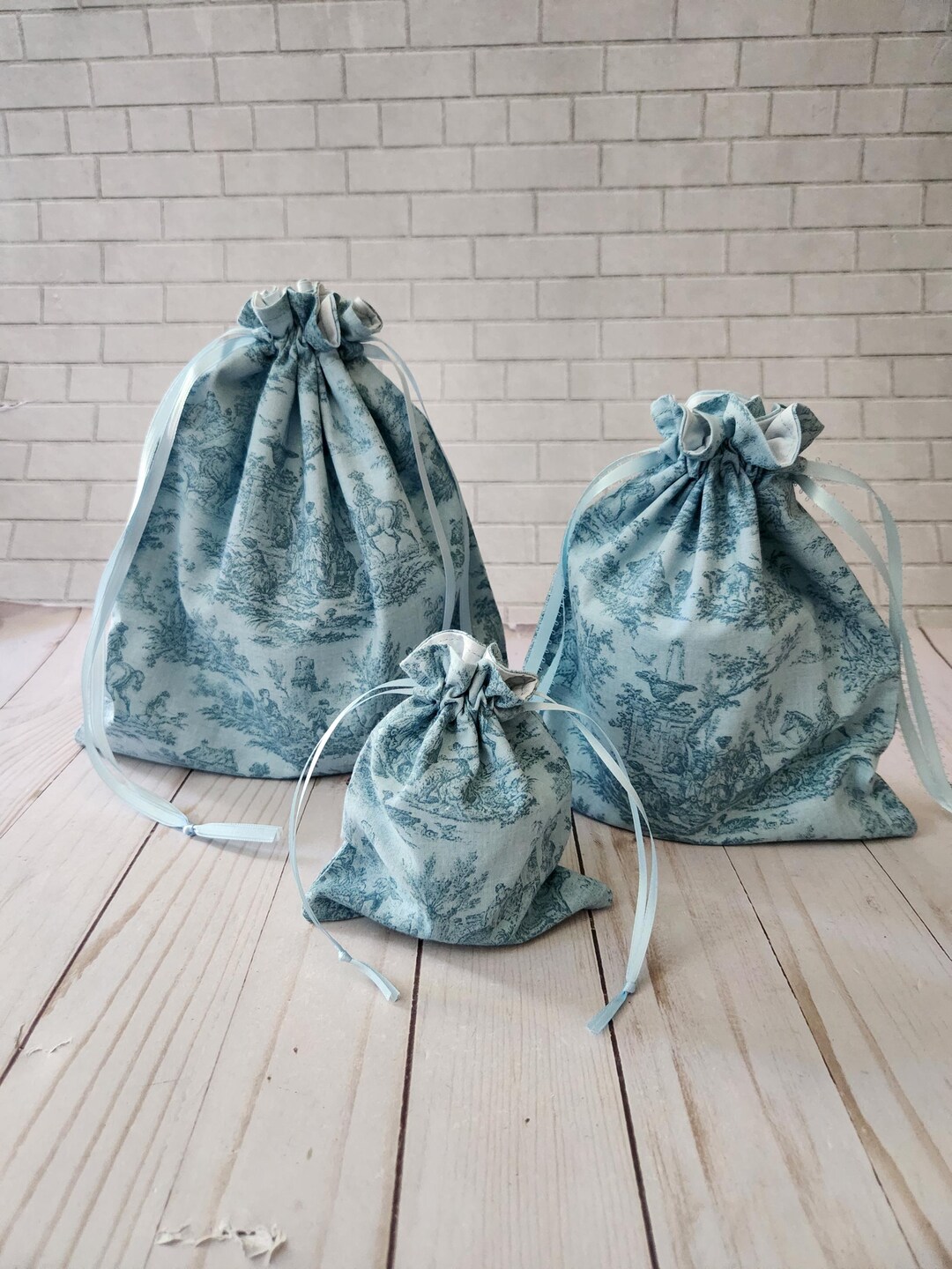 Blue Toile Fabric Gift Bag, Reusable Drawstring Bag, Gift Giving ...