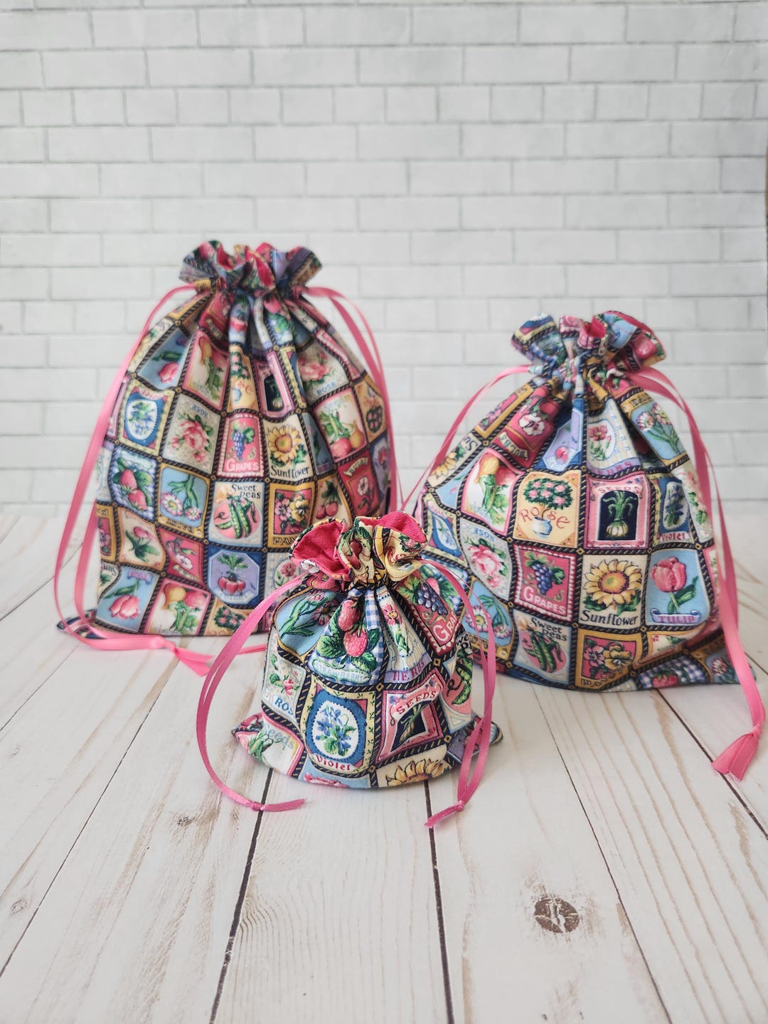 Floral Seed Packets Fabric Gift Bag, Reusable Drawstring Bag, Gift Bag ...