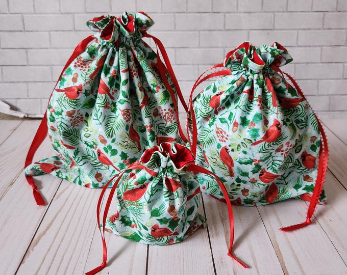 Holiday Cardinal Fabric Gift Bag, Reusable Drawstring Bag, Gift Bag for ...