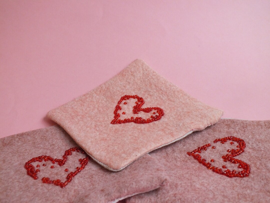 Love Heart Textile Coasters Pink and Red Naturally Dyed Wool and Linen ...